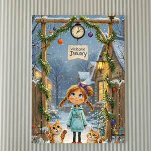Cute Welcome January Printable Wall Art, Cute Winter Girl & Cats ...