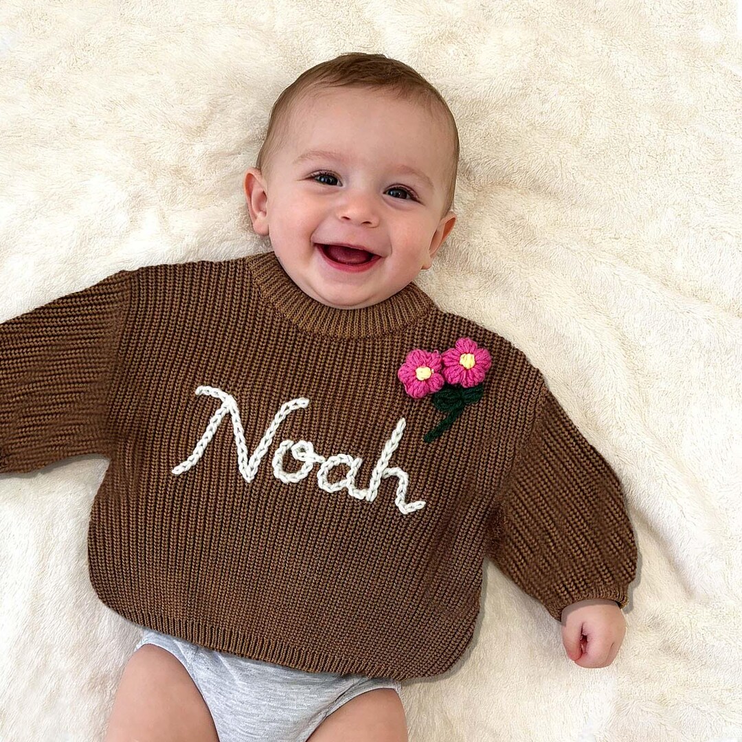 Personalized Baby Knit Sweater, Custom Name Toddler Sweater With Flower ...