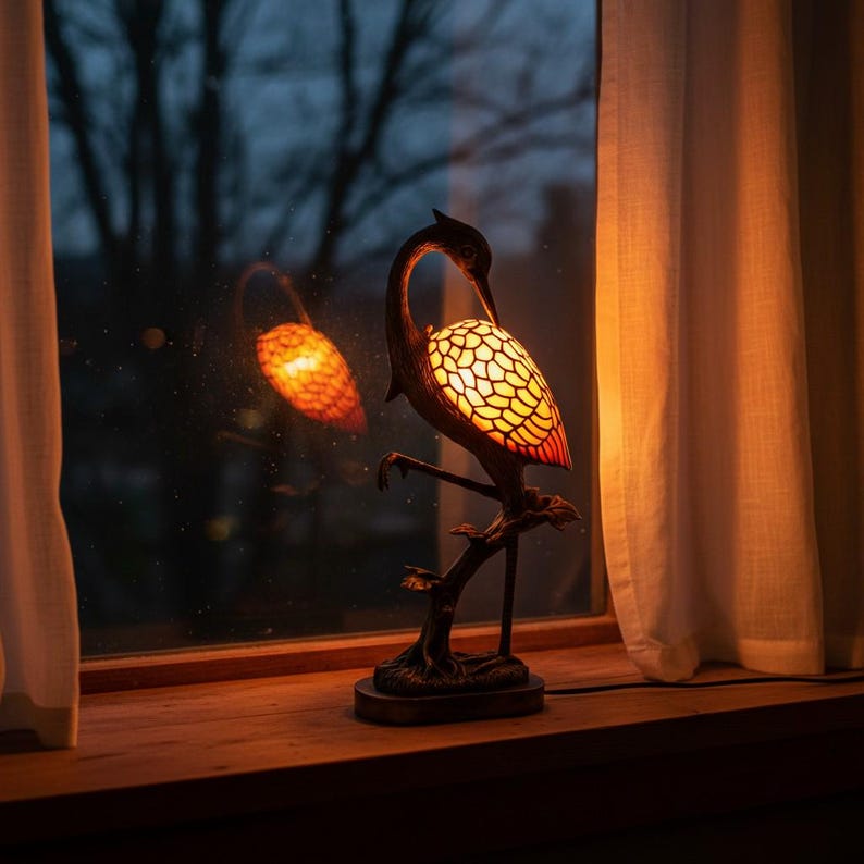 Tiffany Style Crane Bird Table Lamp, Stained Glass, Resin Base, Vintage ...