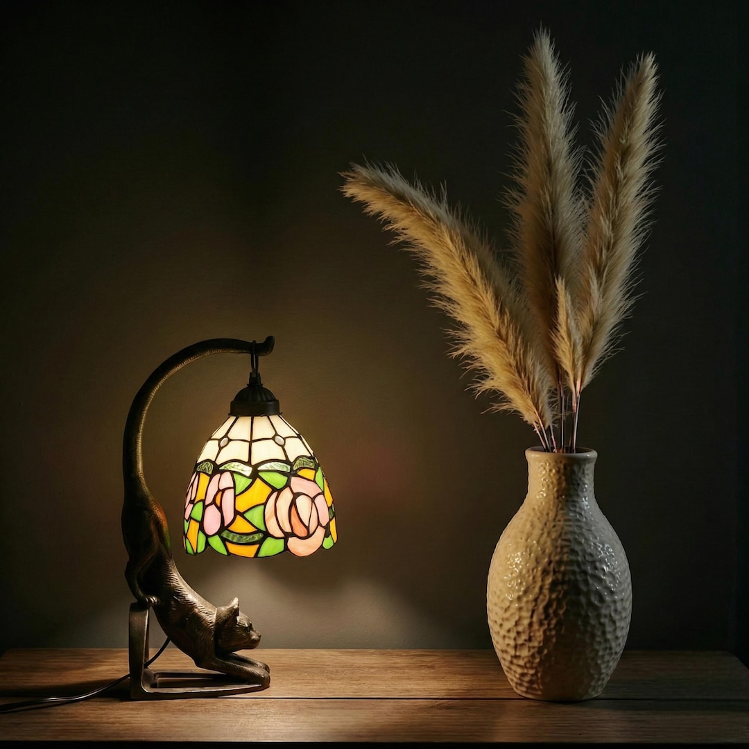 Tiffany Cat Table Lamp Stained Glass Floral Shade Resin Vintage Home ...