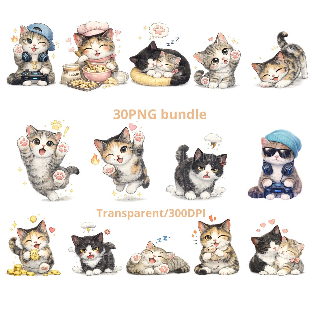 Chibi Cat PNG Clipart Bundle | Kawaii Cartoon Stickers (commercial Use ...