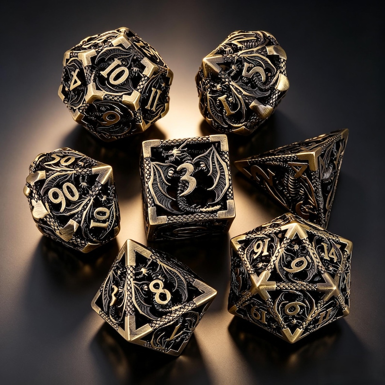 Brass Hollow Dragon Dice Set Black and Gold or Silver Gold - Etsy