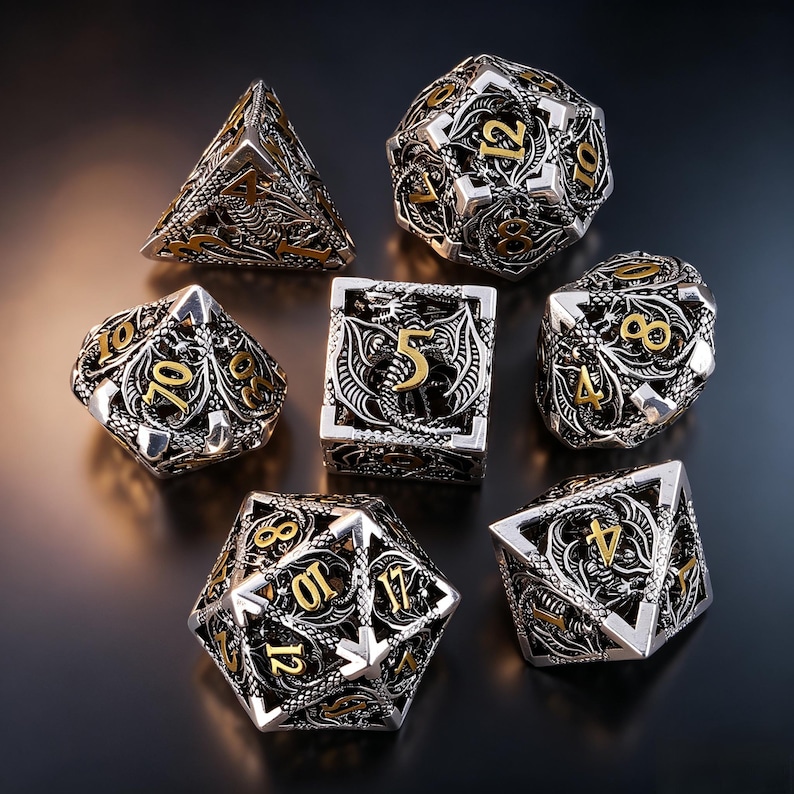 Brass Hollow Dragon Dice Set Black and Gold or Silver Gold - Etsy