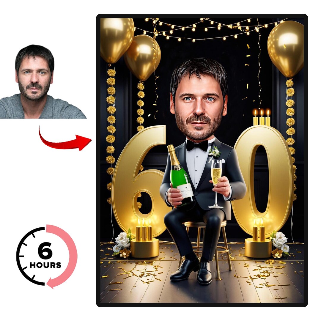 Custom 60th Man Cartoon Portrait | 60th Birthday Caricature | Birthday ...