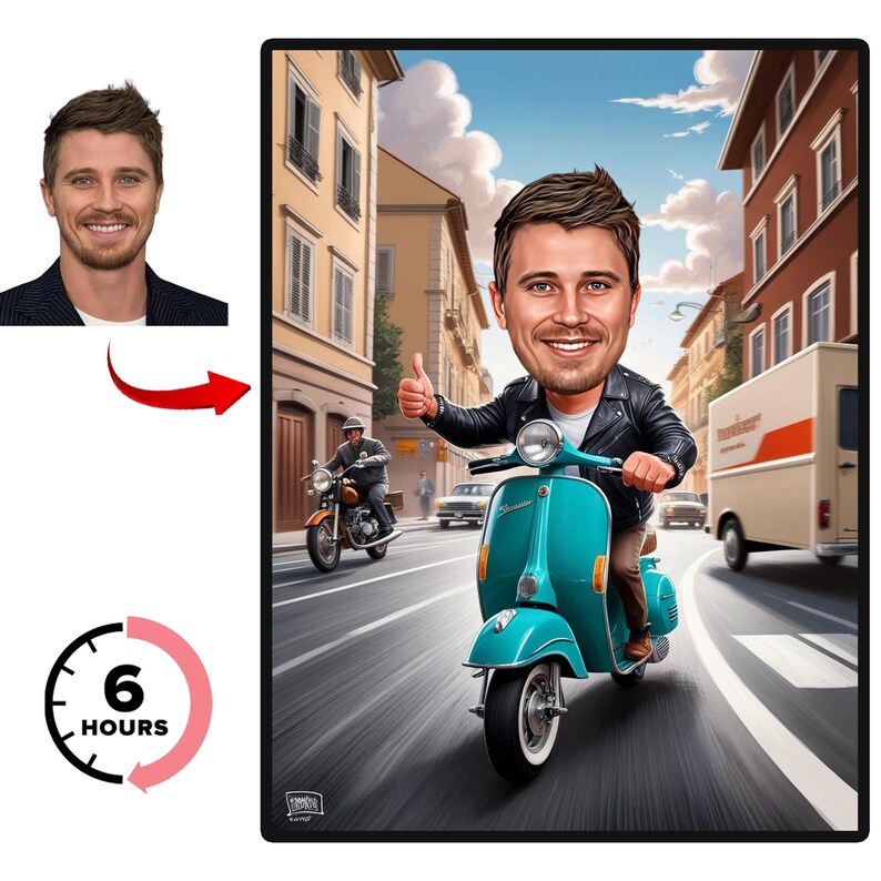 Personalised Scooter Cartoon Portrait, Custom Vespa Caricature Drawing ...