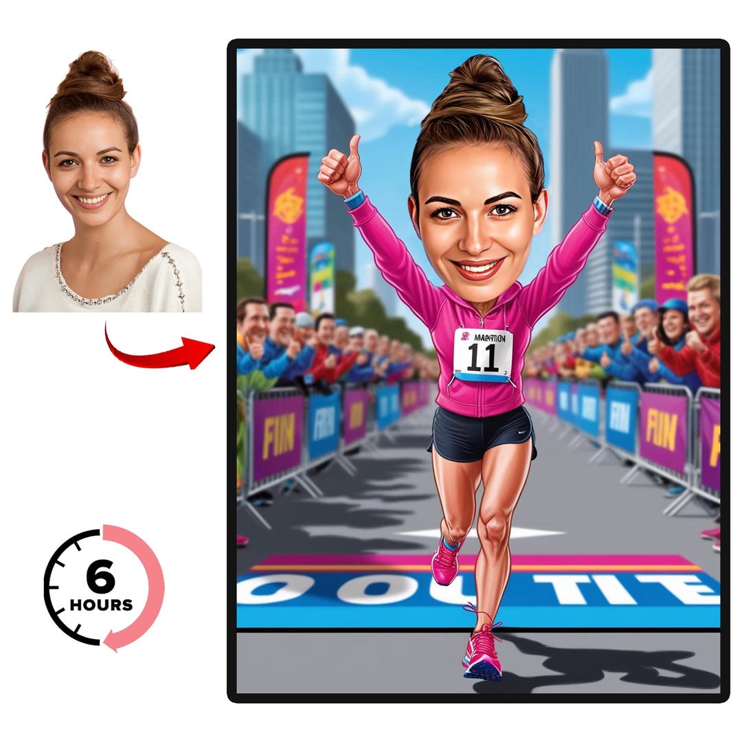 Woman Marathon Runner Custom Caricature | Personalized Cartoon Portrait ...
