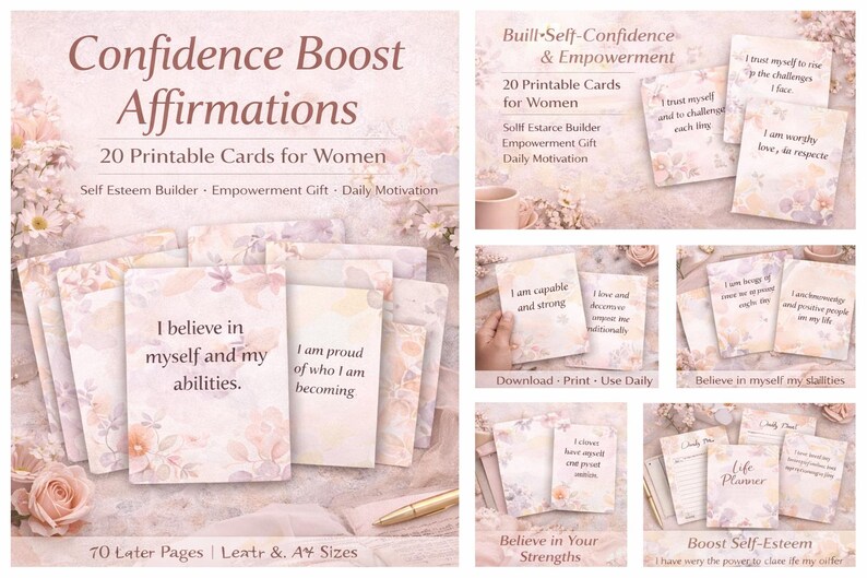 Confidence Boost Affirmations, 20 Printable Cards for Women, Self ...
