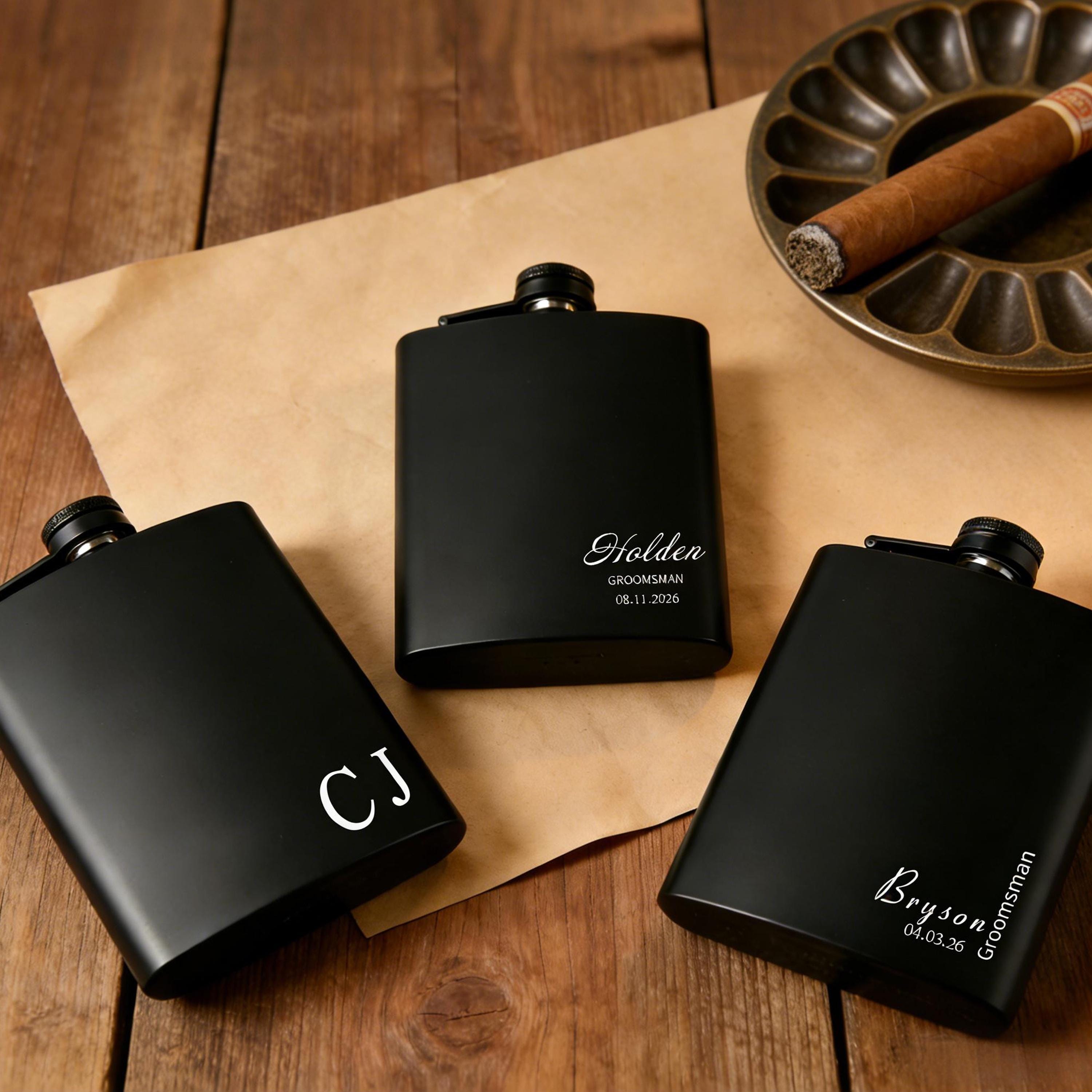 Personalized Matte Black Hip Flask for Groomsmen, Stainless Steel ...