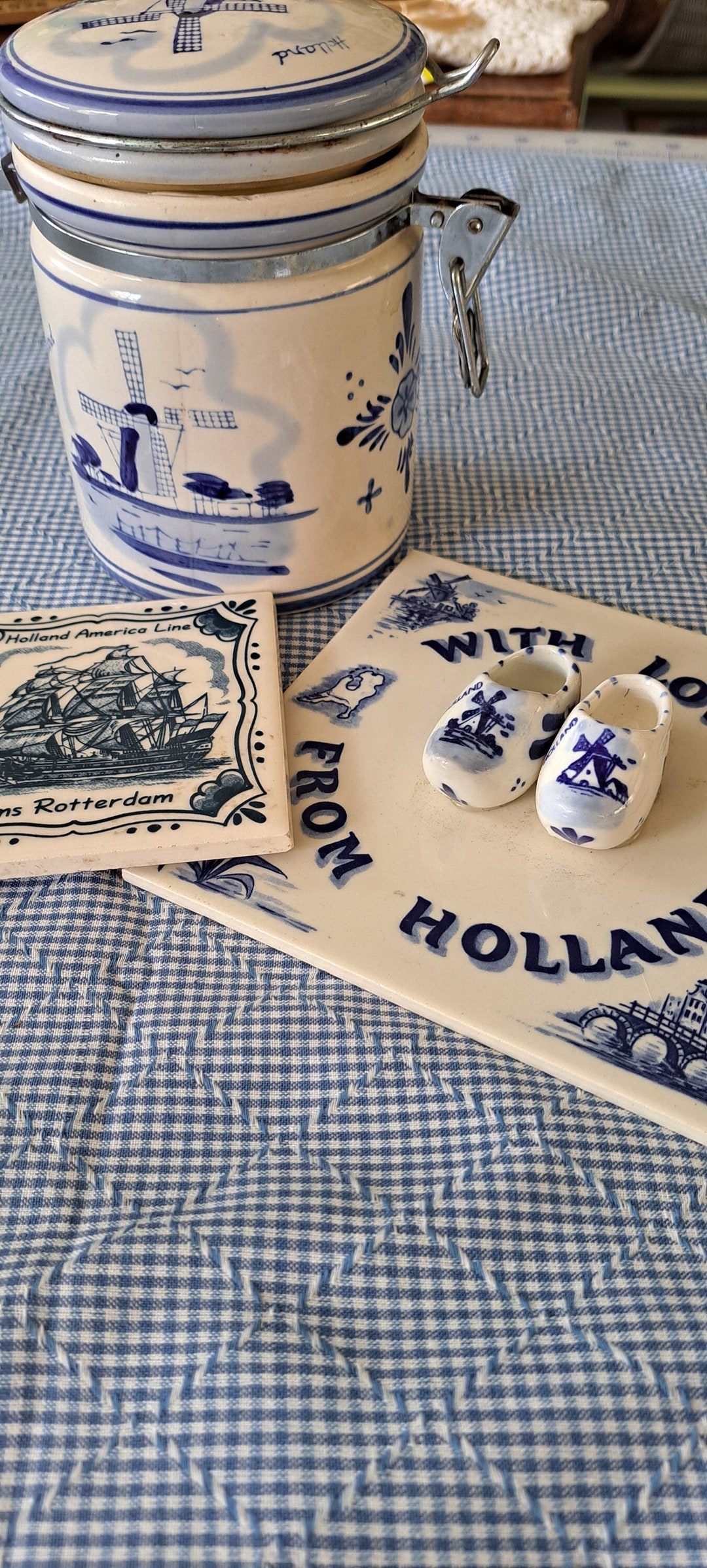 Delft Holland Ceramic Hinged Canister With a Tile With Dutch Shoes and ...