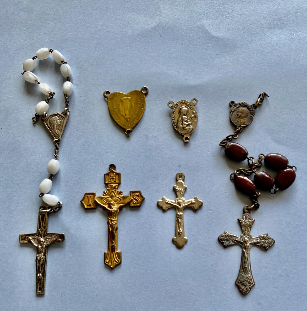 Rosary Center Medal & Crucifix Set Lot Antique Religious Lot Repair Lot ...