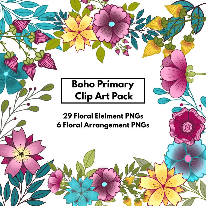 Boho Floral PNG Clipart Bundle, Hand-drawn Cottagecore Botanical Flower ...