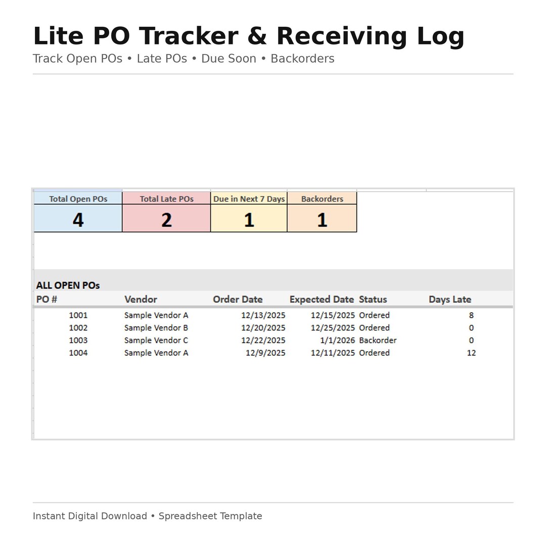 Lite Purchase Order Tracker & Receiving Log (google Sheets / Excel ...