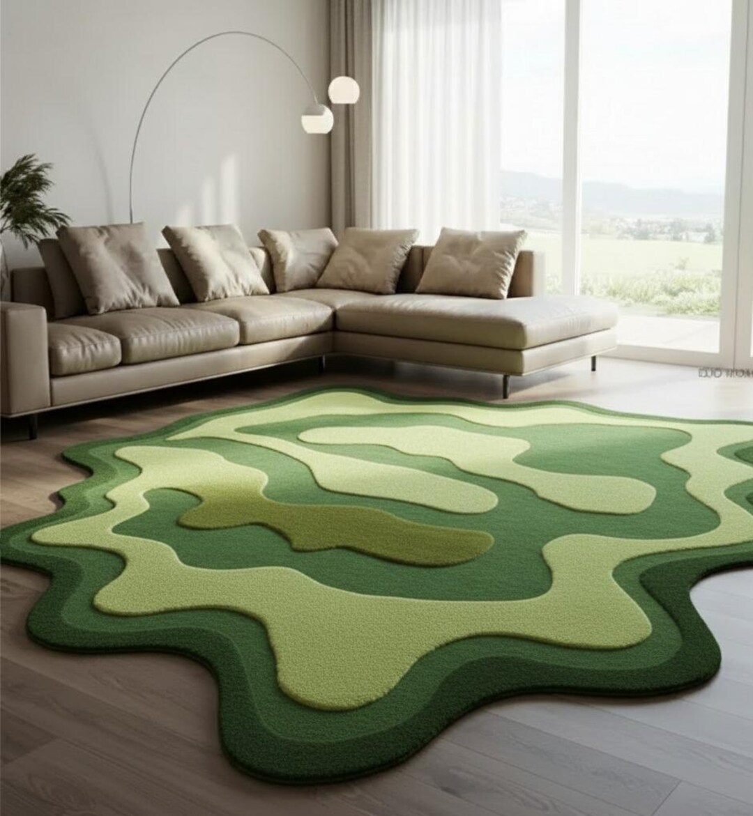 Abstract Green Layered Organic Shape Rug - Contemporary Sculptural ...