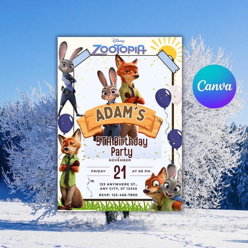 Zootopia Birthday Invitation Canva Template | Kids Animal Party Invite ...