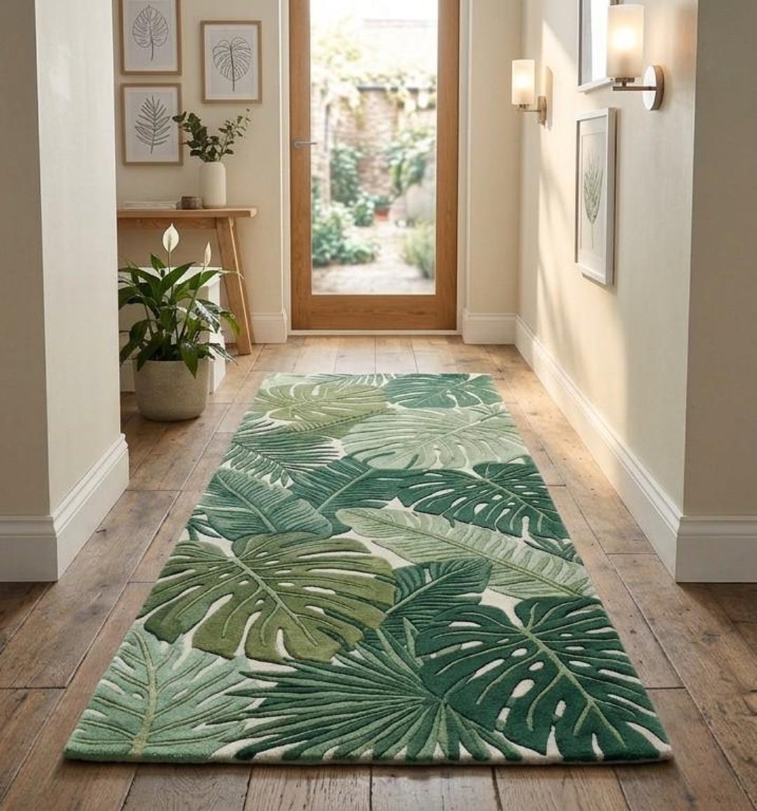 Hand Tufted Green Leaf Rug, Tropical Monstera Runner Rug, Botanical ...