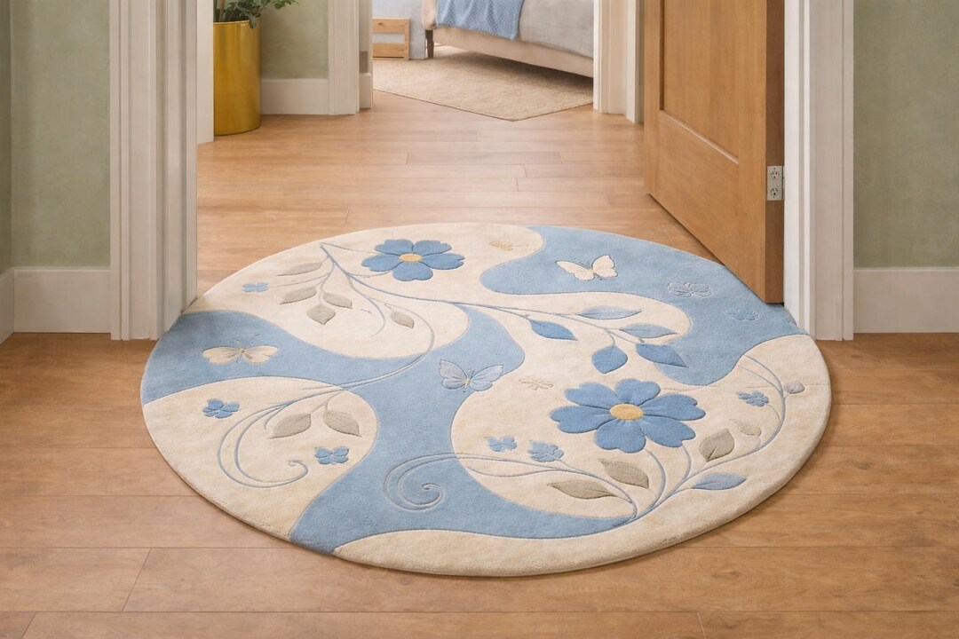 Hand Tufted Round Floral Rug, Blue Flower & Butterfly Rug, Nursery and ...