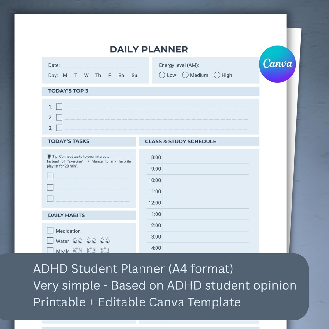 ADHD Student Planner Printable A4, Daily Weekly Monthly College Planner ...