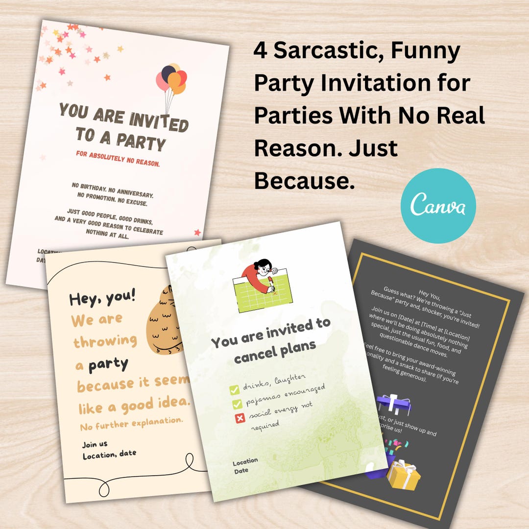Funny Party Invitation Bundle, Sarcastic Canva Invitations, Just ...