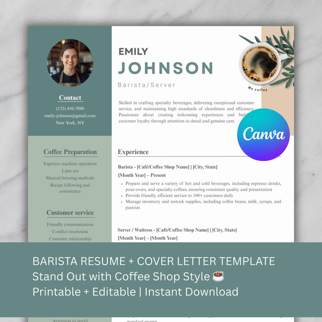 Barista Resume Template A4 With Coffee Photo, Waitress Server CV ...