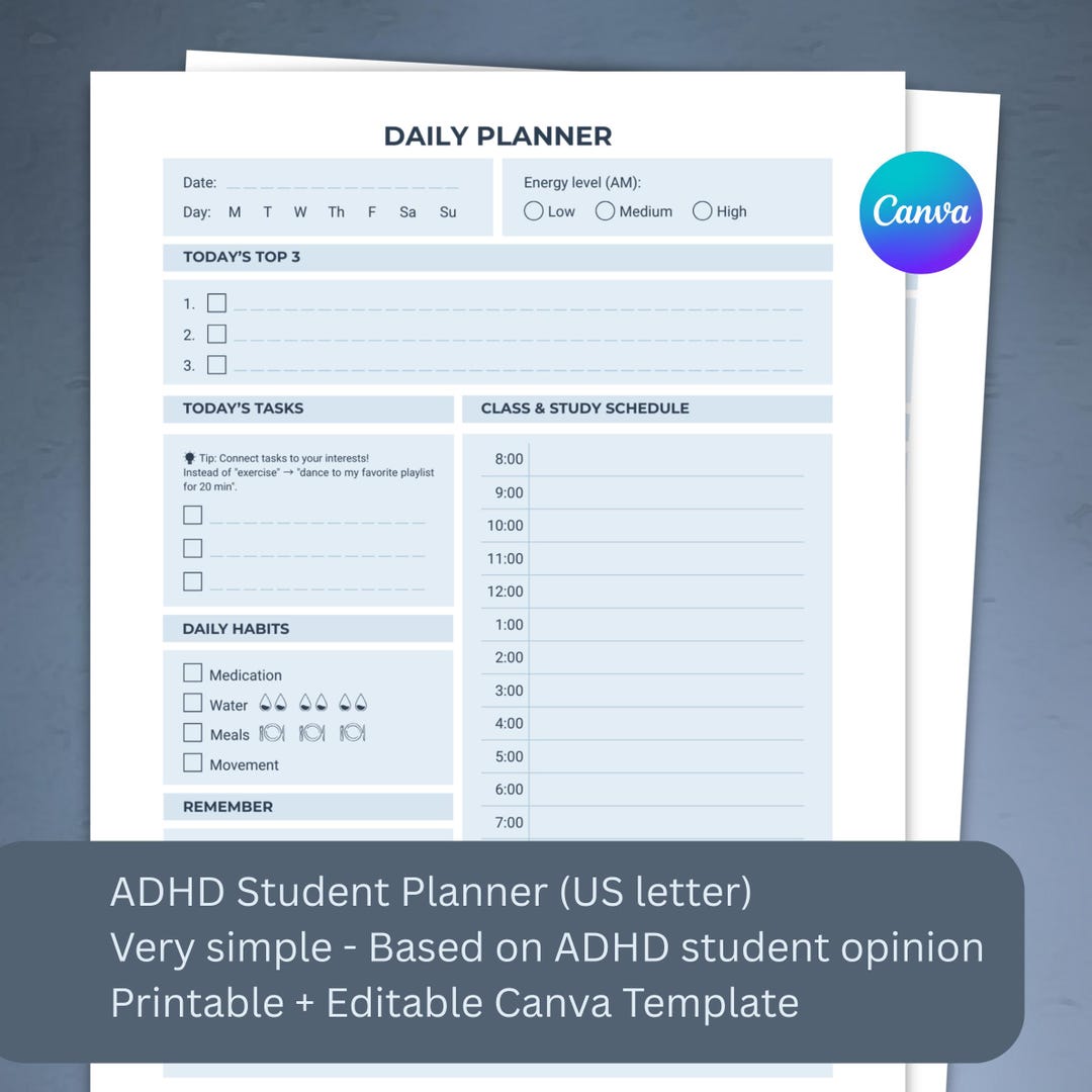 ADHD Student Planner Printable, Daily Weekly Monthly College Planner ...