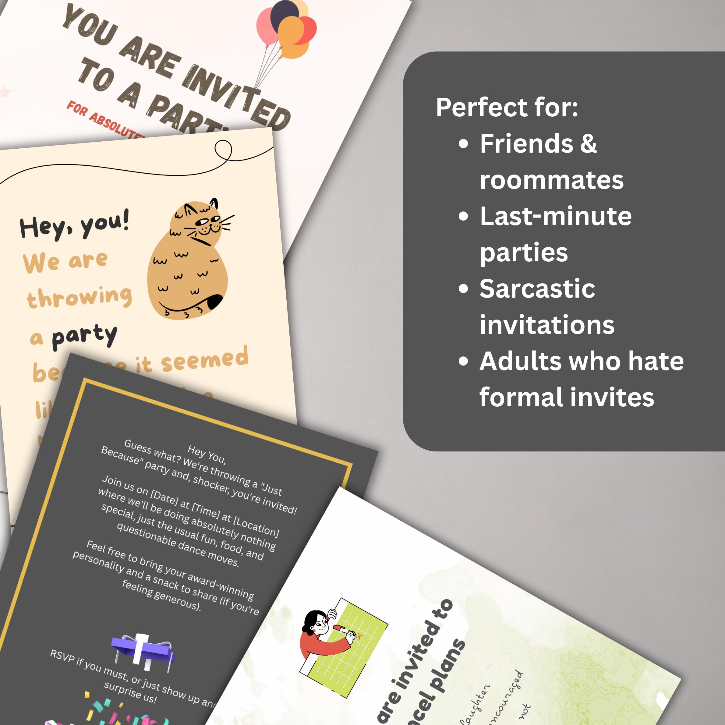 Funny Party Invitation Bundle, Sarcastic Canva Invitations, Just ...