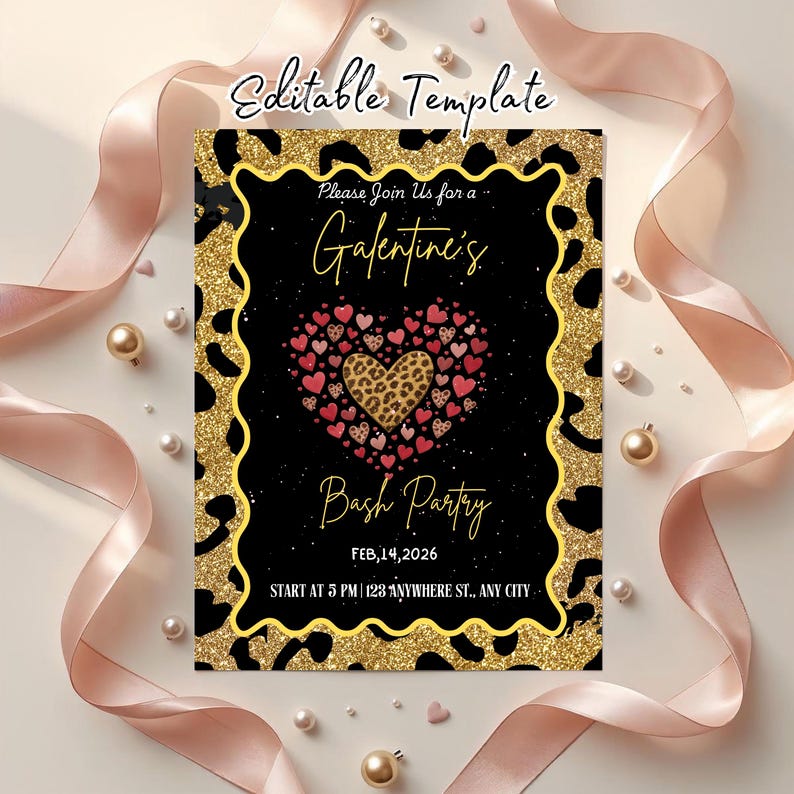 Leopard Print Galentine's Day Invitation | Gold Brushstroke Canva ...
