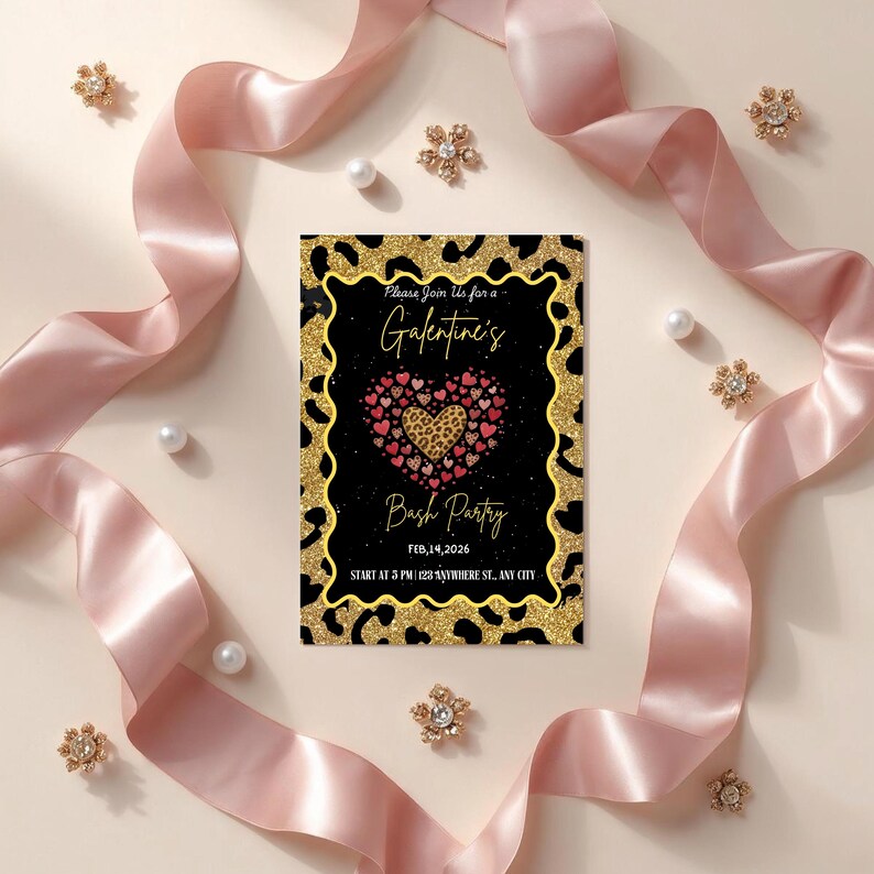 Leopard Print Galentine's Day Invitation | Gold Brushstroke Canva ...
