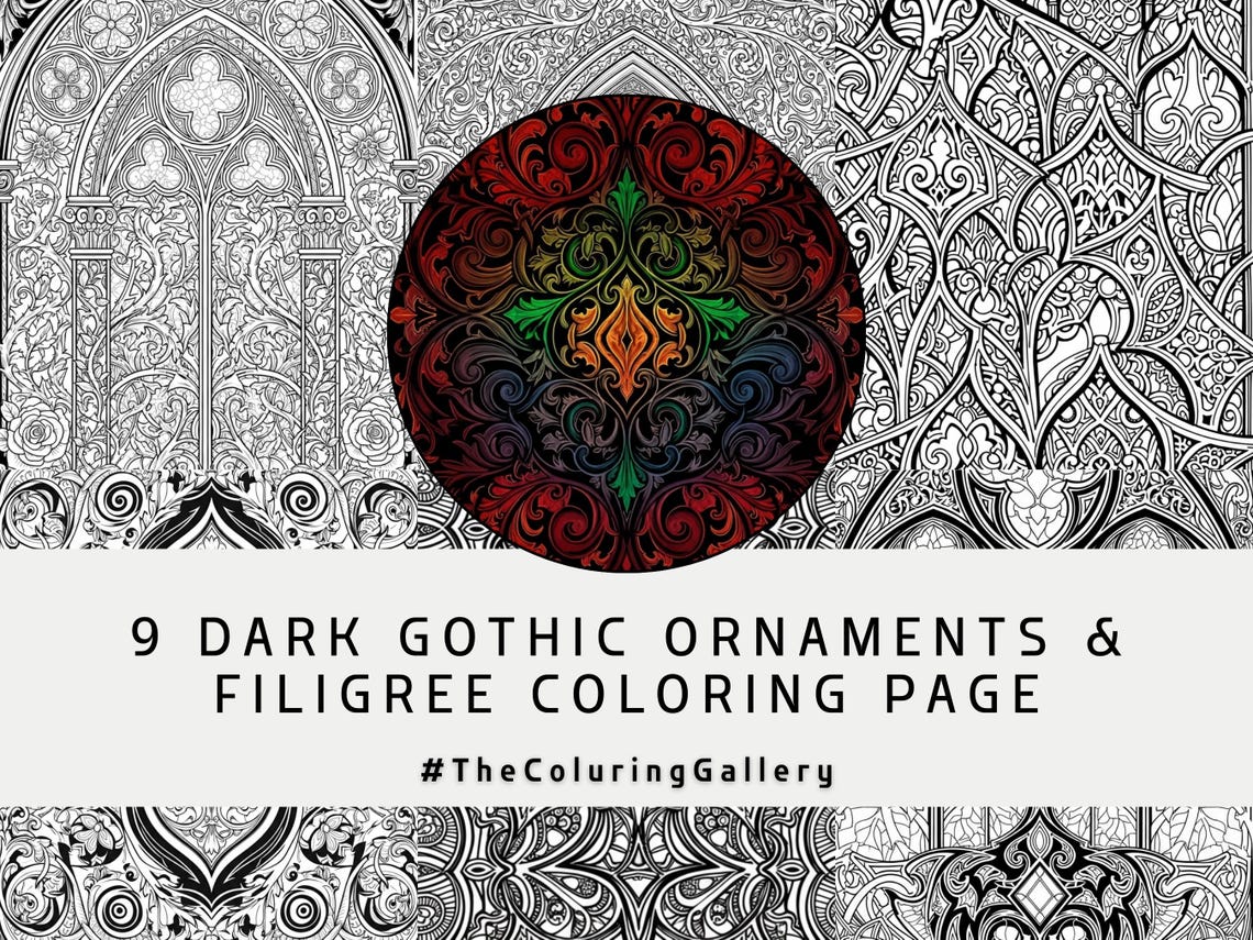 9 Gothic Ornament Coloring Pages for Adults, Intricate Medieval & Dark ...
