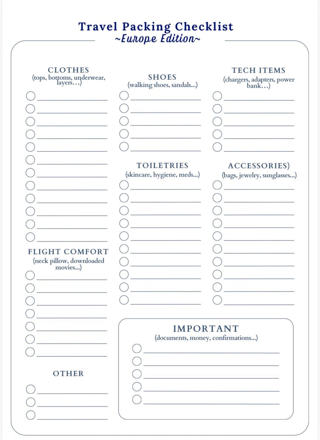 International Travel Packing Checklist – Europe Edition | Printable ...