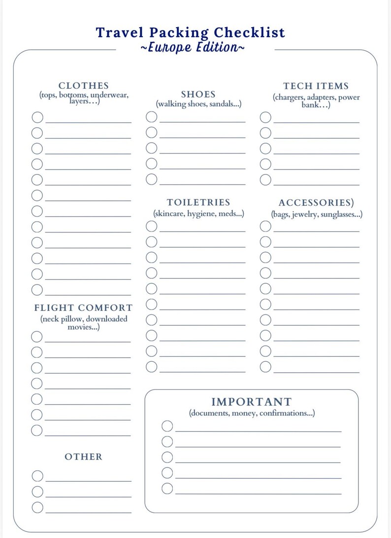 International Travel Packing Checklist – Europe Edition | Printable ...