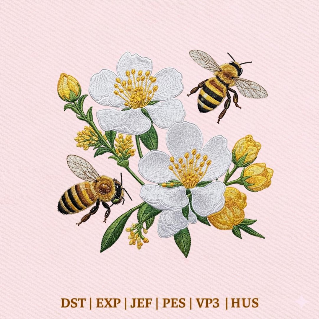 Bee and White Flower, Botanical Floral Bee Pattern Embroidery Design ...