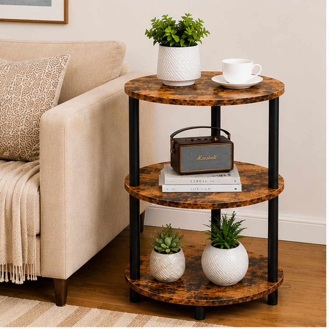 3 Tier Round Side Table, Rustic Wood Accent Shelf, Small Nightstand ...