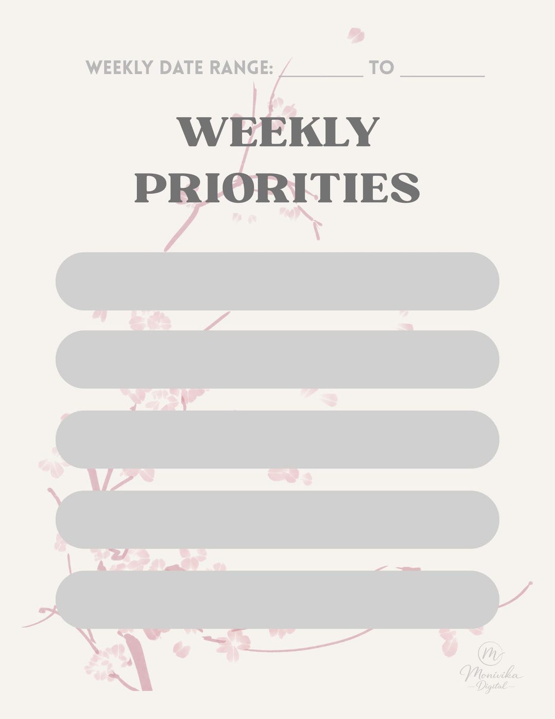 Weekly Priorities Planner Printable | Minimal Weekly Planner | Sakura ...