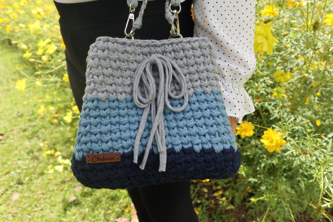 Aesthetic Handmade Crochet Bag – Tritone Color Drawstring Bag, Stylish ...