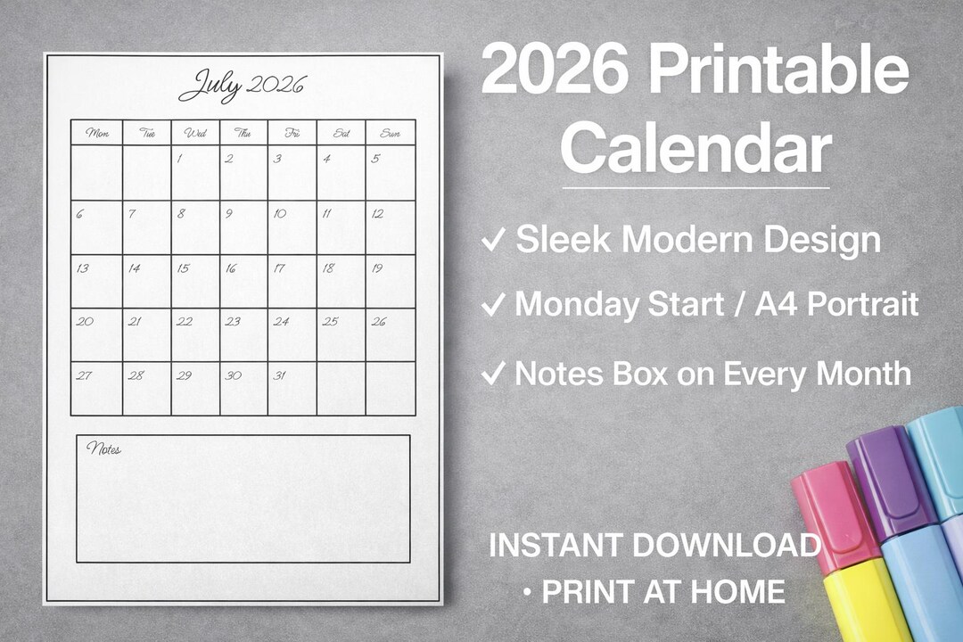 2026 Monthly Printable Calendar With Notes | A4 Portrait | Simple ...
