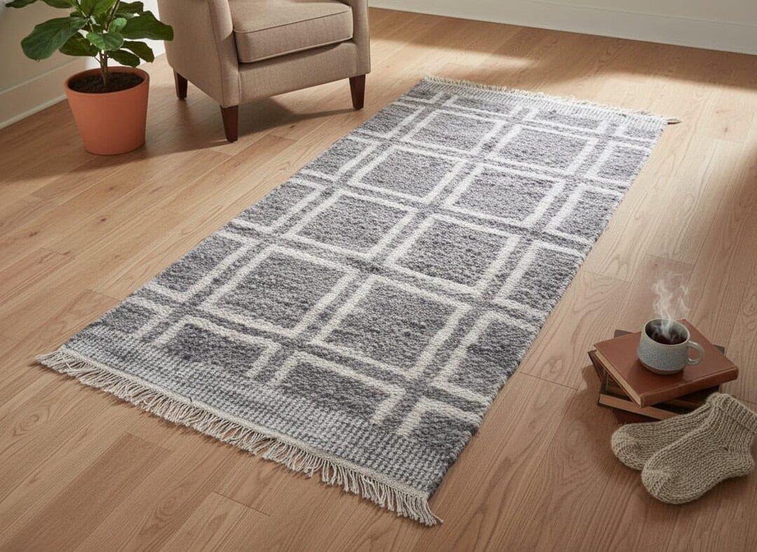 Modern Grey Checkered PET Rug | Sustainable Indoor Outdoor Carpet - Etsy