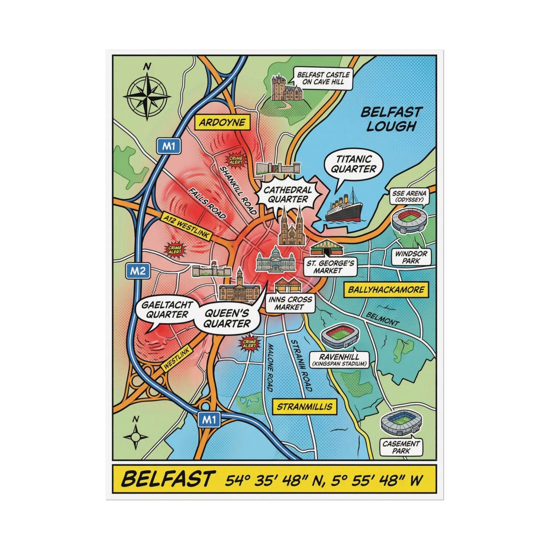 Belfast Map Rolled Posters | City Landmarks, Titanic Quarter ...