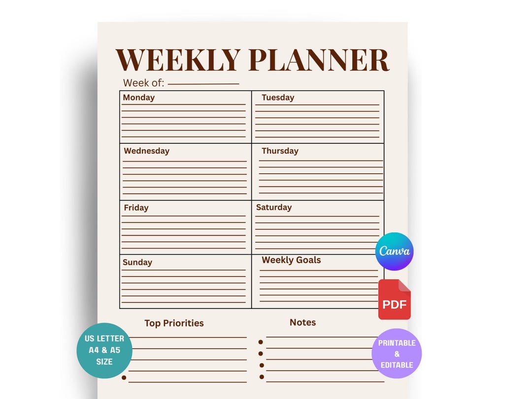 Beige Minimal Weekly Planner Printable | Goals & Priorities (A4/A5/US ...