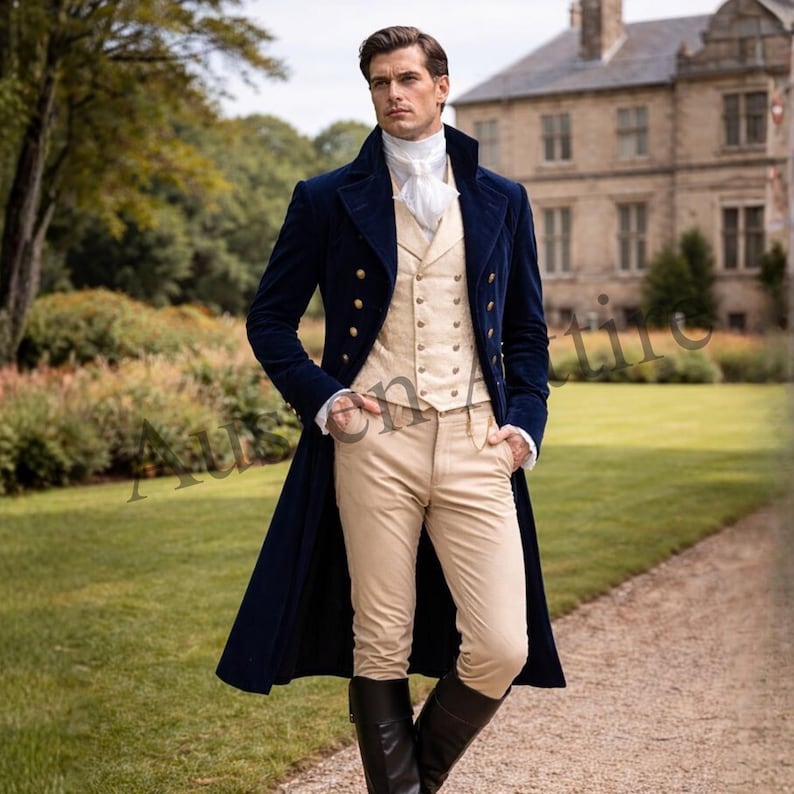 Mr. Darcy Inspired Velvet Regency Costume | Navy Velvet Mens Coat ...