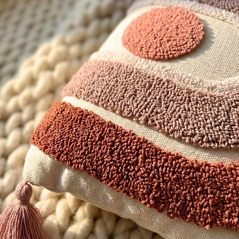 Boho Tufted Throw Pillow Cover: Terracotta Sun Punch Needle Cushion ...