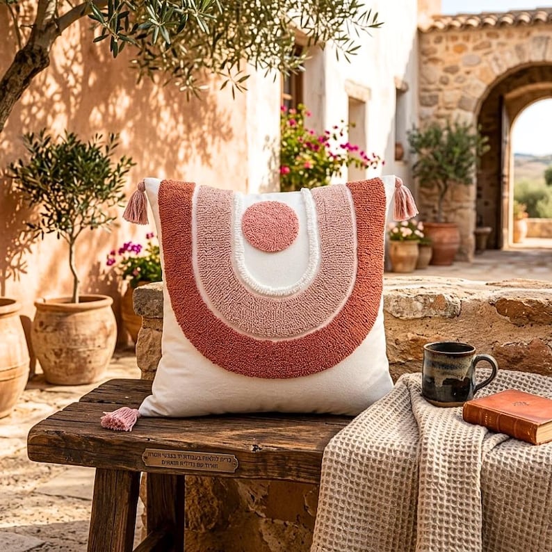 Boho Tufted Throw Pillow Cover: Terracotta Sun Punch Needle Cushion ...