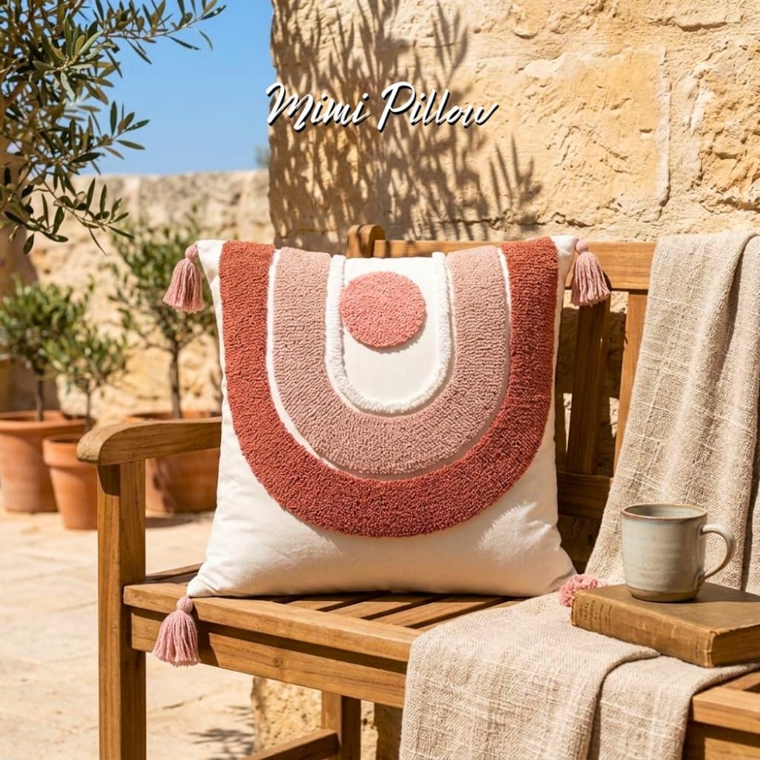 Boho Tufted Throw Pillow Cover: Terracotta Sun Punch Needle Cushion ...