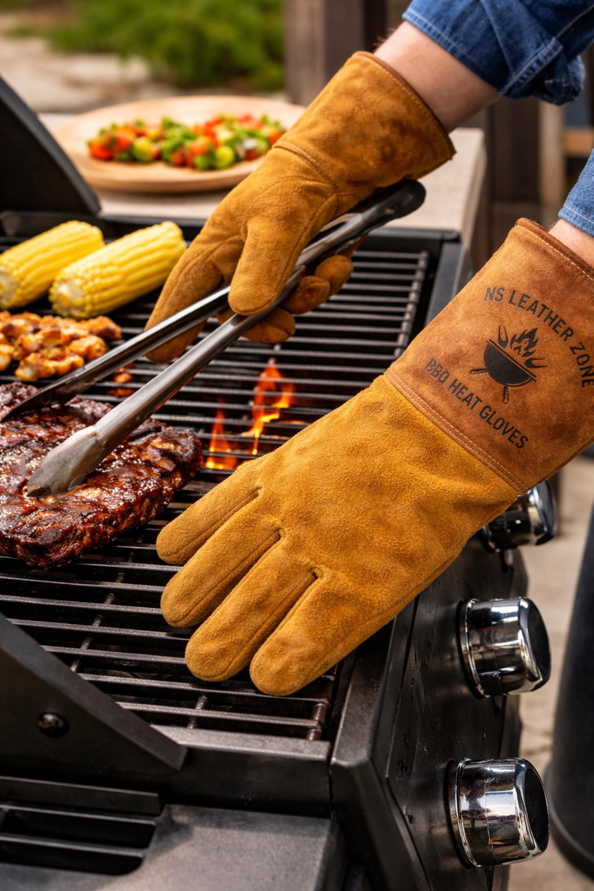 BBQ Gloves Heat Resistant Leather Grill Mitts Long Cuff Fireproof ...