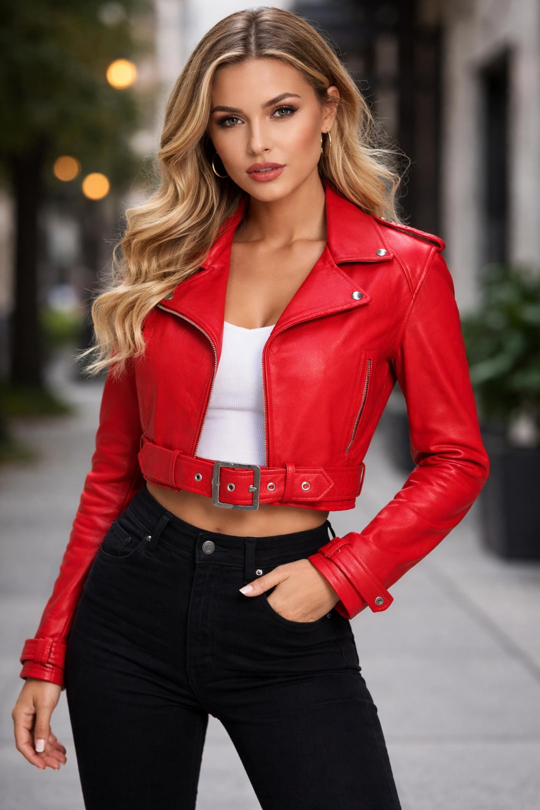 Red Cropped Leather Biker Jacket | Women's Belted Moto Top - Etsy
