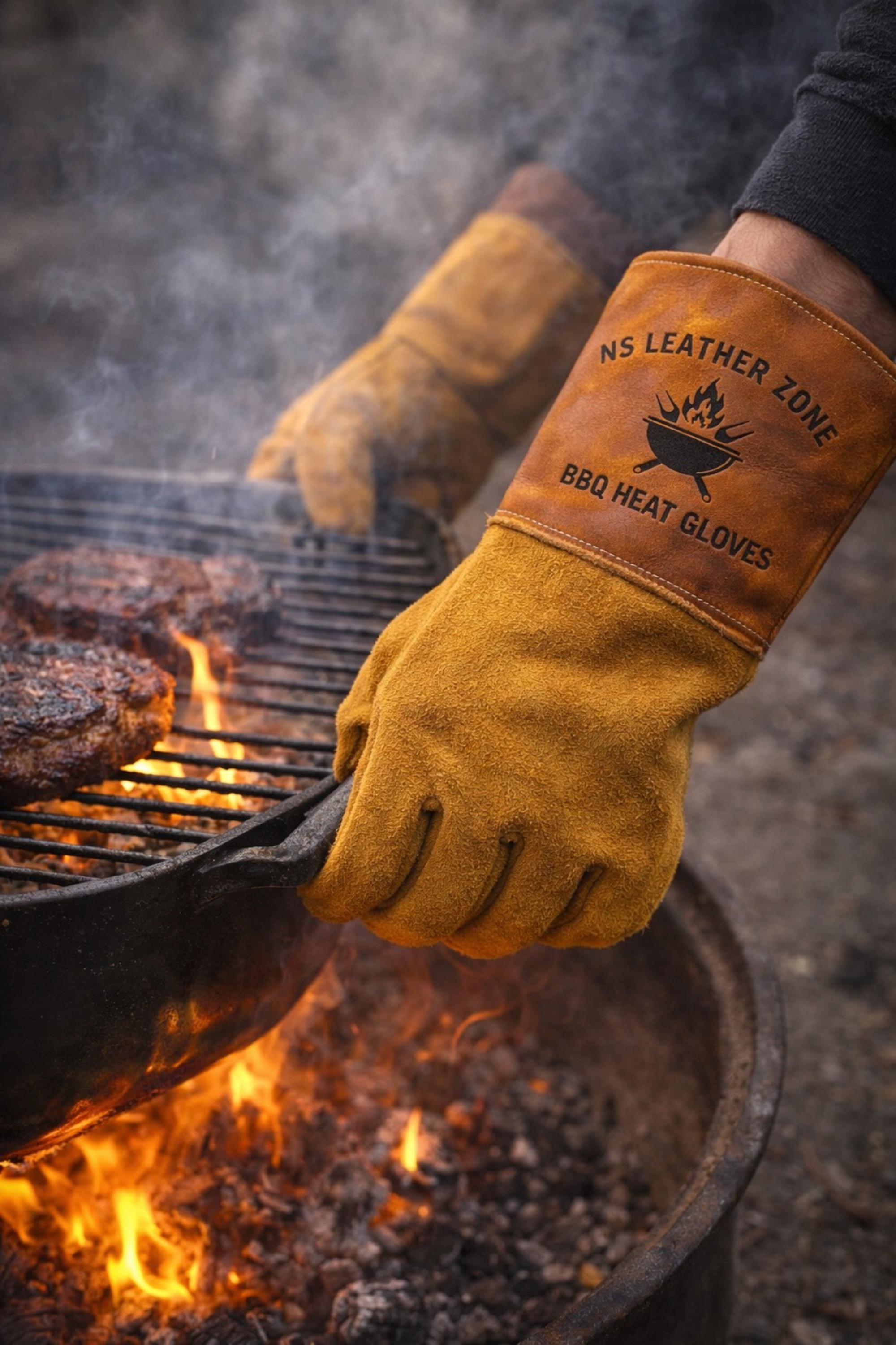 BBQ Gloves Heat Resistant Leather Grill Mitts Long Cuff Fireproof ...
