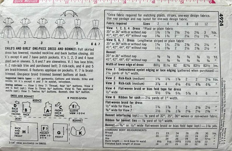 1960s Vintage Simplicity Sewing Pattern #4924 "7 Day Wardrobe" Girls ...
