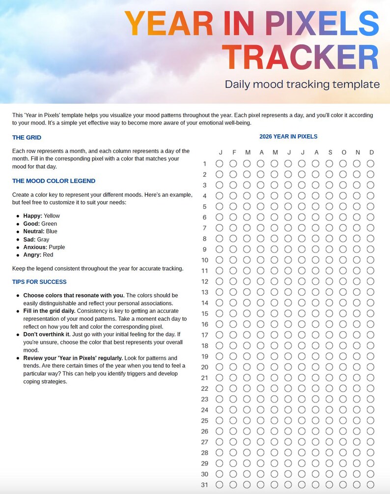 2026 Year in Pixels – Mood Tracker & Reflection Journal (printable PDF ...