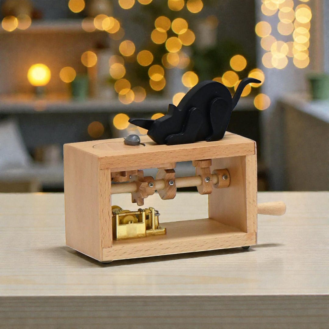 Wooden Cat Mouse Automaton Music Box, Mechanical Toy, Kinetic Sculpture ...