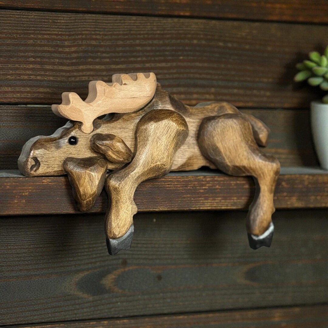 Carved Wooden Moose Shelf Sitter, Rustic Cabin Decor Accent, Wooden ...
