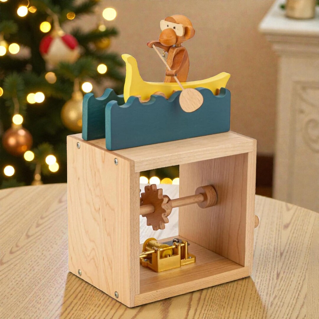 Monkey Music Box Wooden Automaton, Beechwood Rowing Boat Kinetic ...